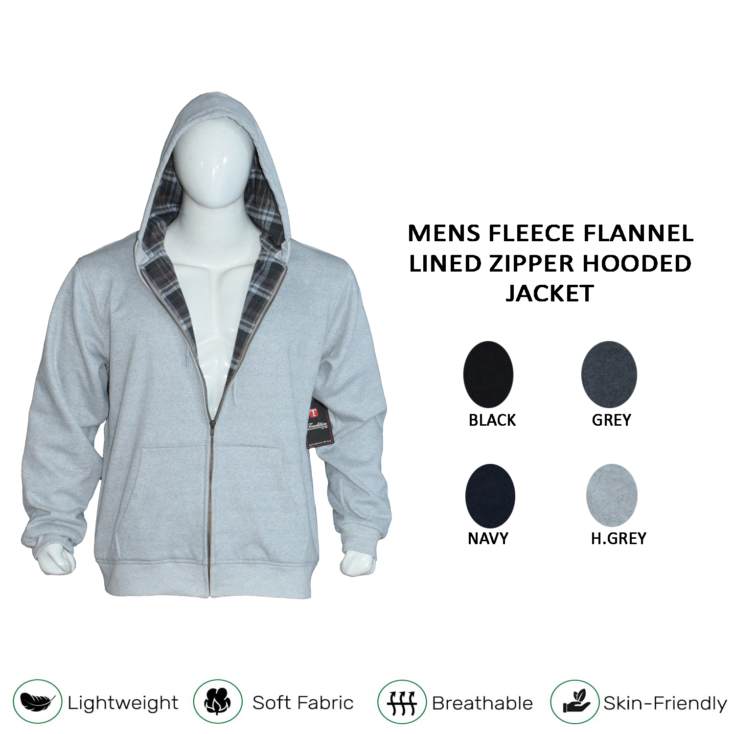 MENS FLEECE FLANNEL LINED ZIPPER HOODED JACKET - Apparel Zone